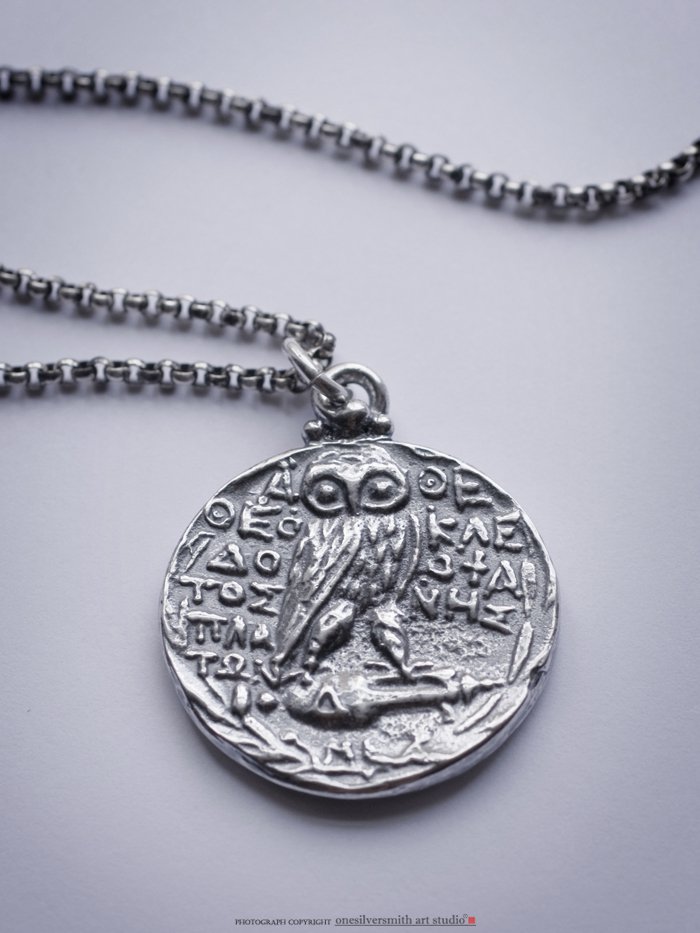 Silver Roman Owl Athena Tetradrachm Coin Pendant Amulet Charm With 18 ...