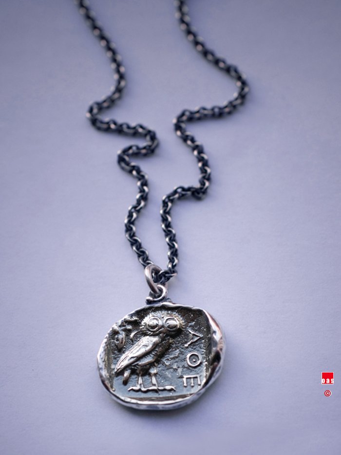 SILVER ATHENA'S (King) OWL COIN AMULET NECKLACE W/ 18" CHAIN