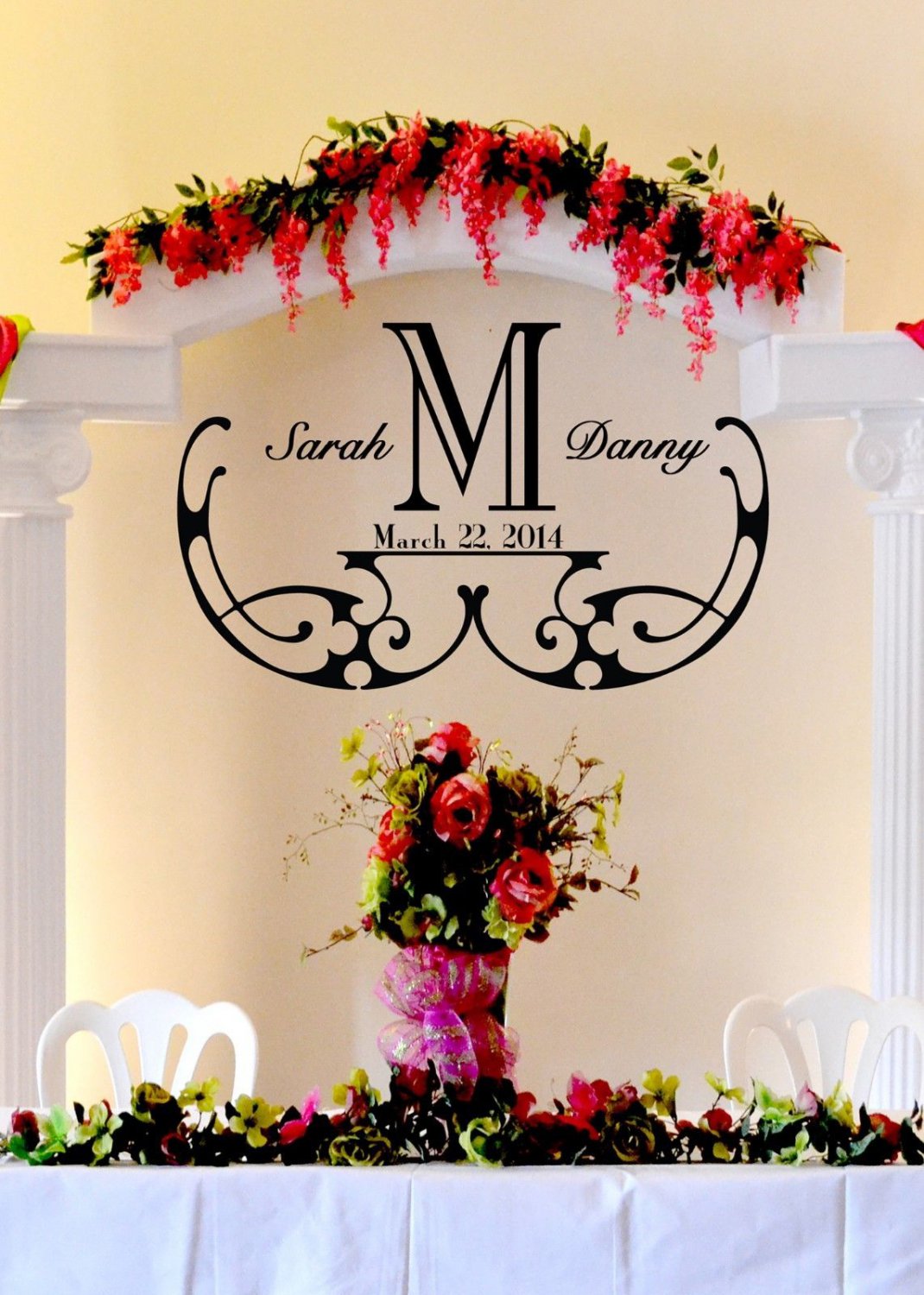 Elegant Wedding Monogram Custom Wall Vinyl Sticker Decal 22"h X 35"w