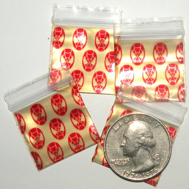 100 Apple Baggies Web Slinger design Minizip Bags 1 in x 1 in.