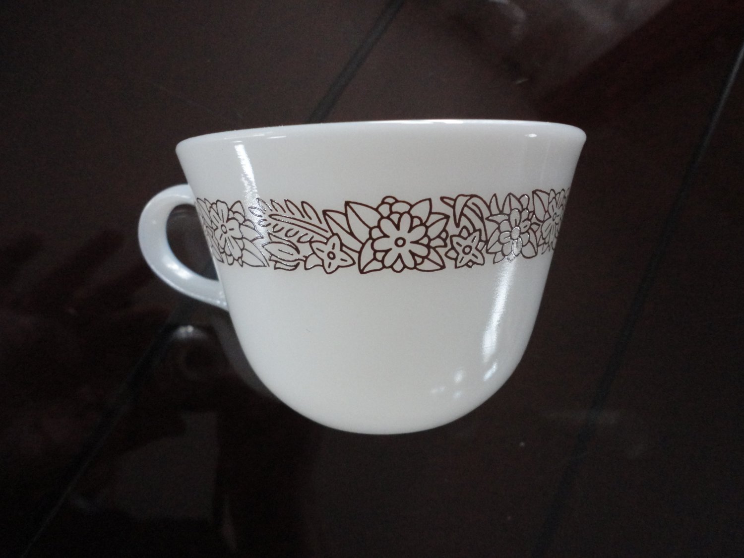 Vintage White Pyrex Cup Flower & Leaves Design
