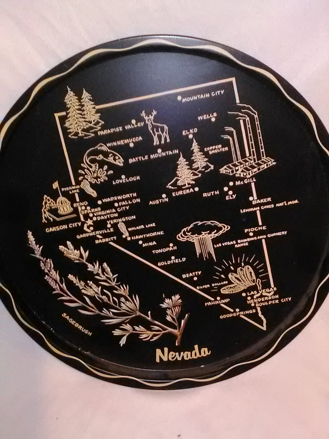 Vintage NEVADA State Map Black Metal Round Travel Souvenir Tray Plate