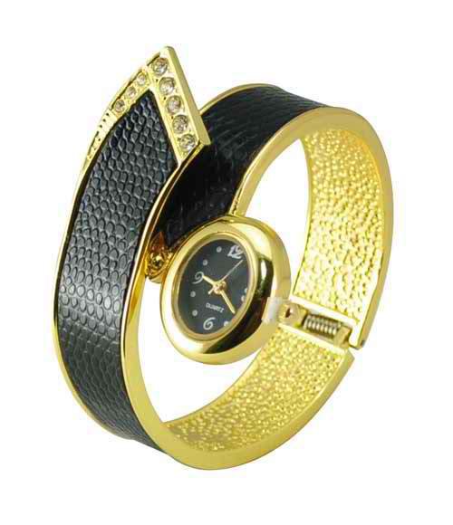 Metal Hinge Bracelet Quartz Movement Wrist Watch Set with Rhinestone