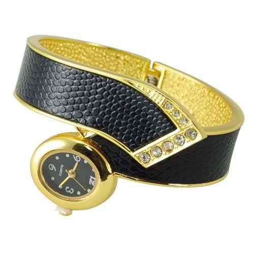 Metal Hinge Bracelet Quartz Movement Wrist Watch Set with Rhinestone