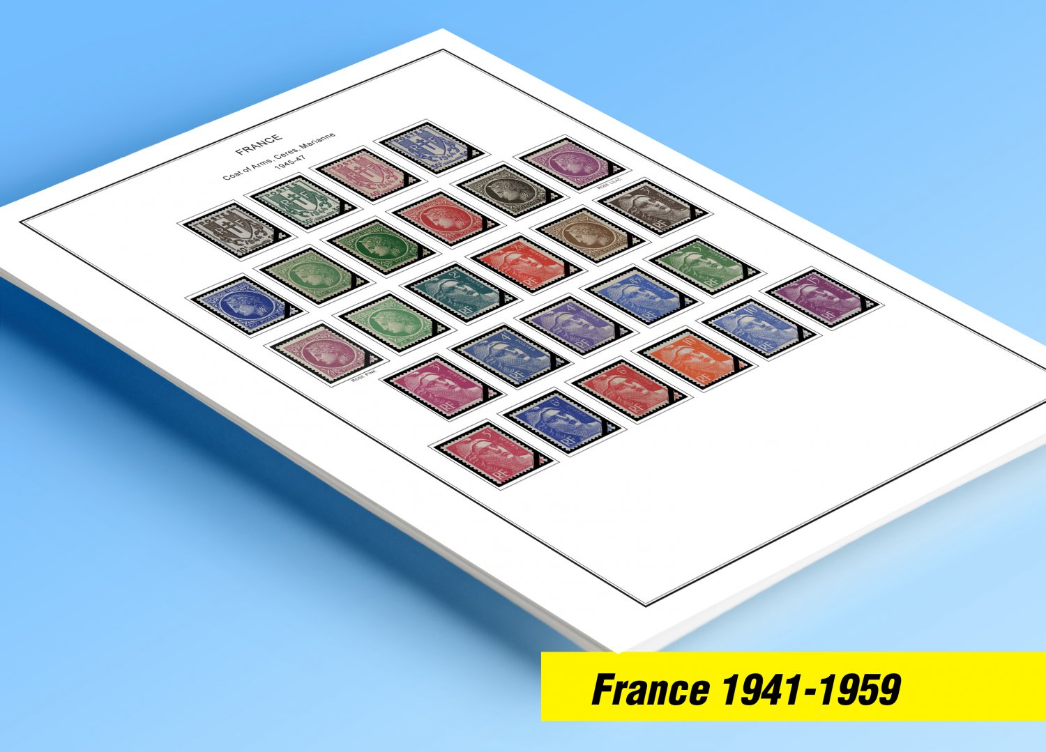 COLOR PRINTED FRANCE 1941-1959 STAMP ALBUM PAGES (37 illustrated pages)