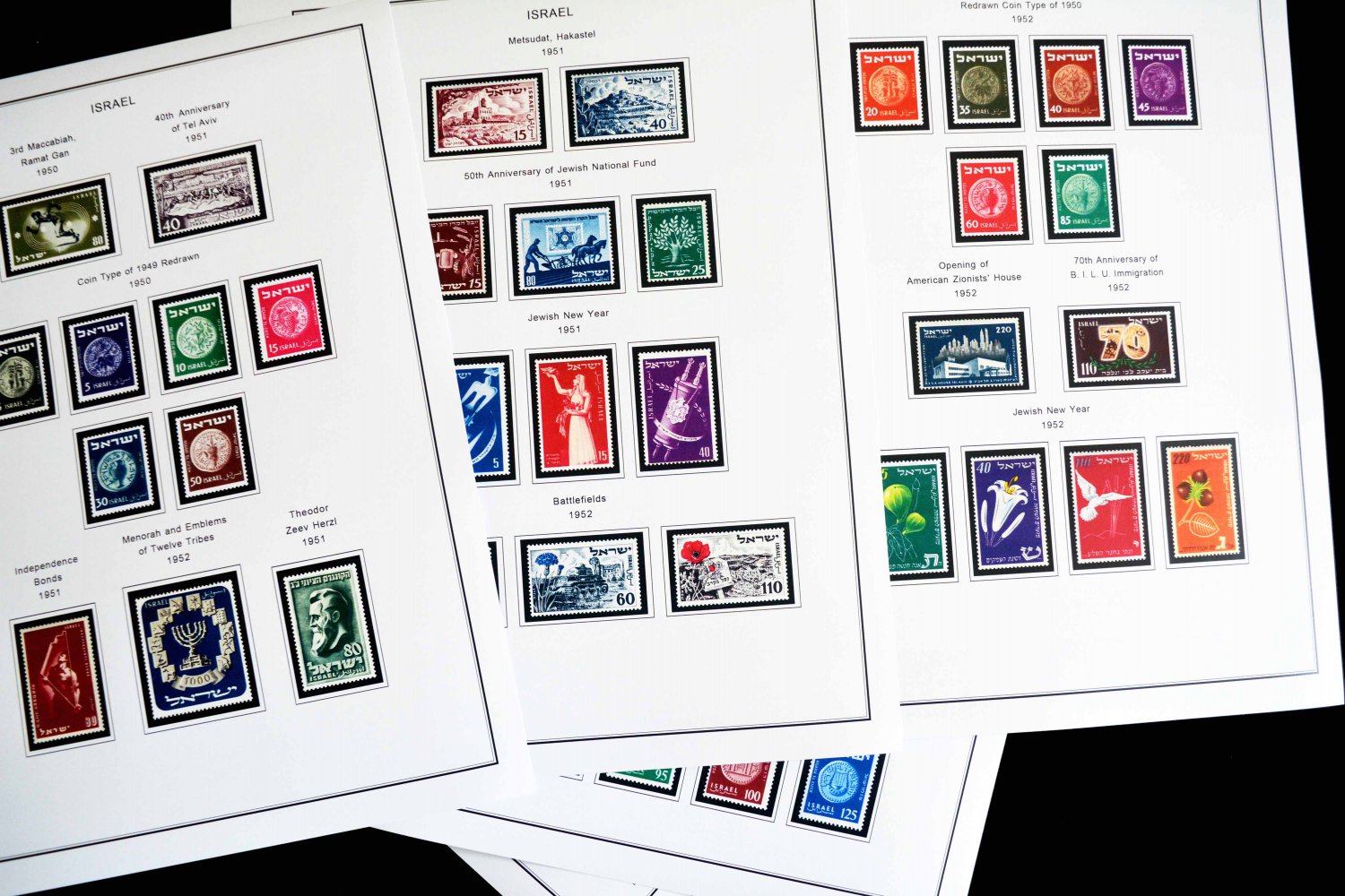 COLOR PRINTED ISRAEL 1948-1970 STAMP ALBUM PAGES (53 illustrated pages)