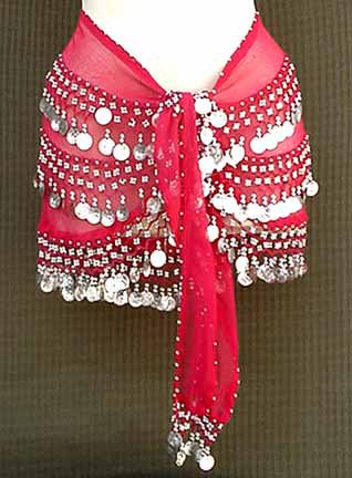Red Belly Dancing Costume Hip Scarf 3 Line Shimmy Belt