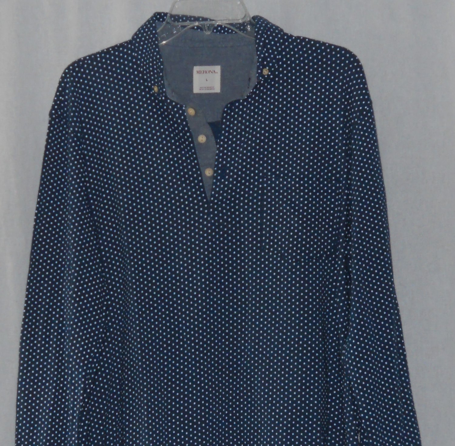 Merona Mens Blue & White Shirt Size Large Polka Dot Long Sleeve Knit ...