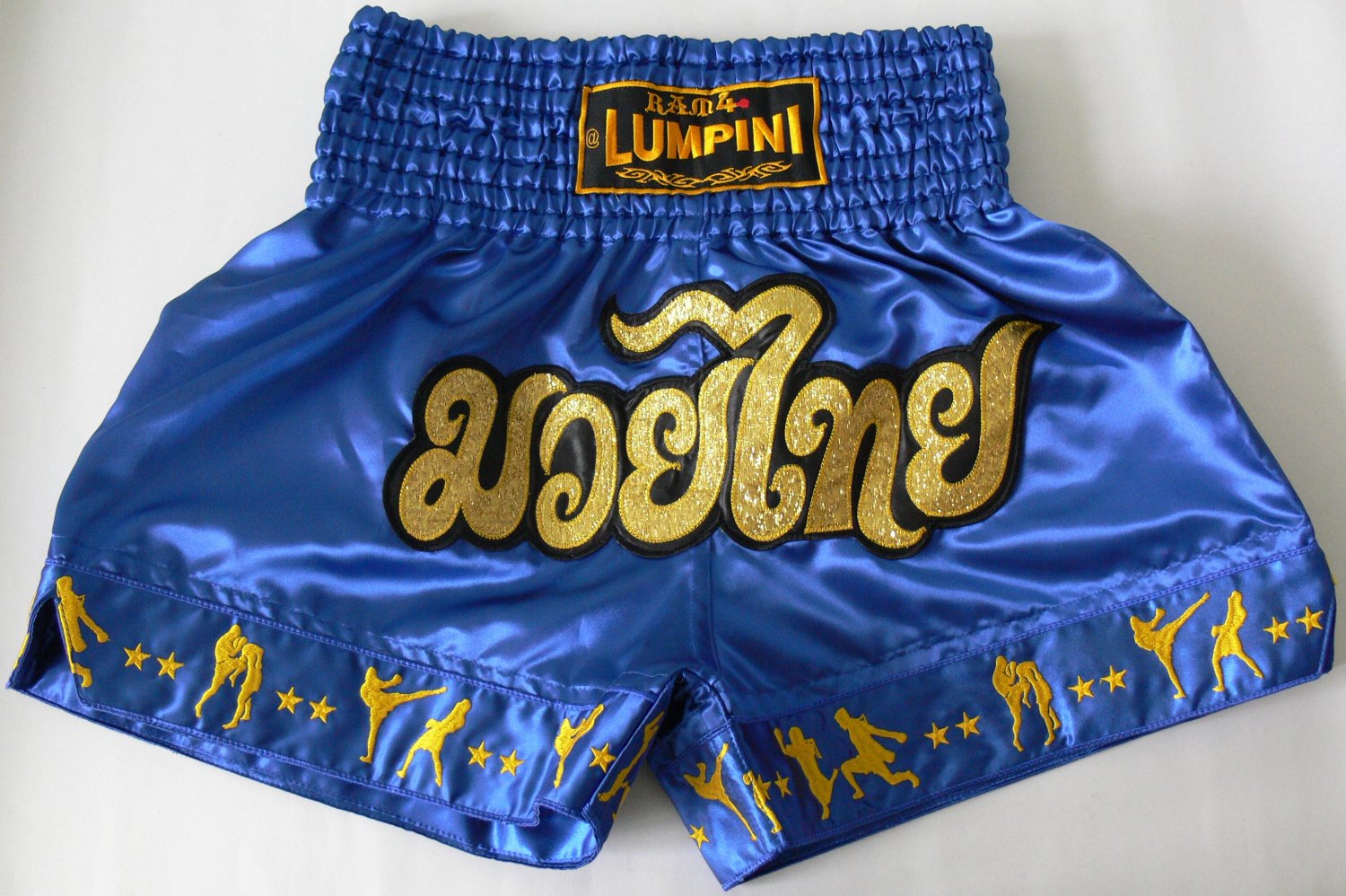 Muay Thai Kick Boxing MMA Shorts Action Satin Star Gold Blue XL Martial ...