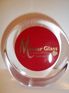 Mosser Glass Co. CRYSTAL, RED, GOLD LOGO Dealer DISPLAY SIGN Cambridge ...