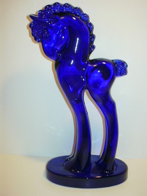 MOSSER PADEN CITY GLASS COBALT BLUE 11.5" TALL ART DECO GRECIAN PONY HORSE