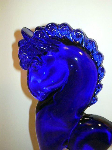 MOSSER PADEN CITY GLASS COBALT BLUE 11.5" TALL ART DECO GRECIAN PONY HORSE
