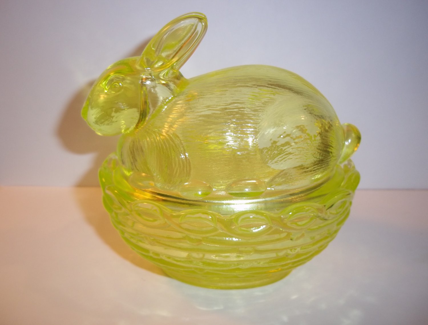 Mosser Glass Vaseline Yellow Easter Bunny Rabbit On Basket Box Covered ...