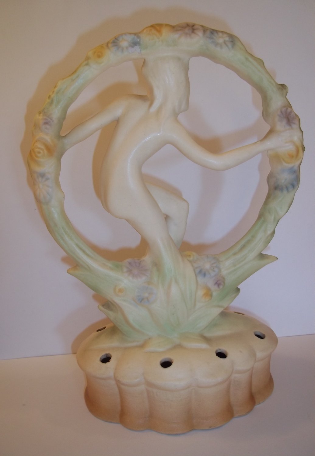 Pottery Nude Nymph In Circle Garland Art Deco Nouveau Flower Frog Germany