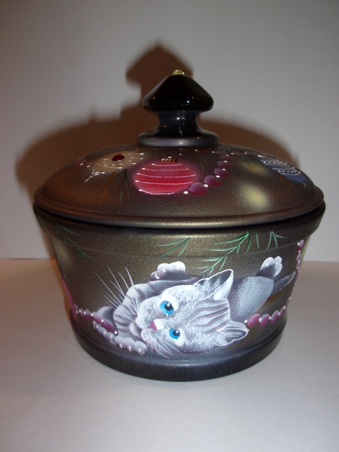 Fenton Mosser Glass "Christmas Kitten" Cat Candy Dish Box LE #4/13 Spindler