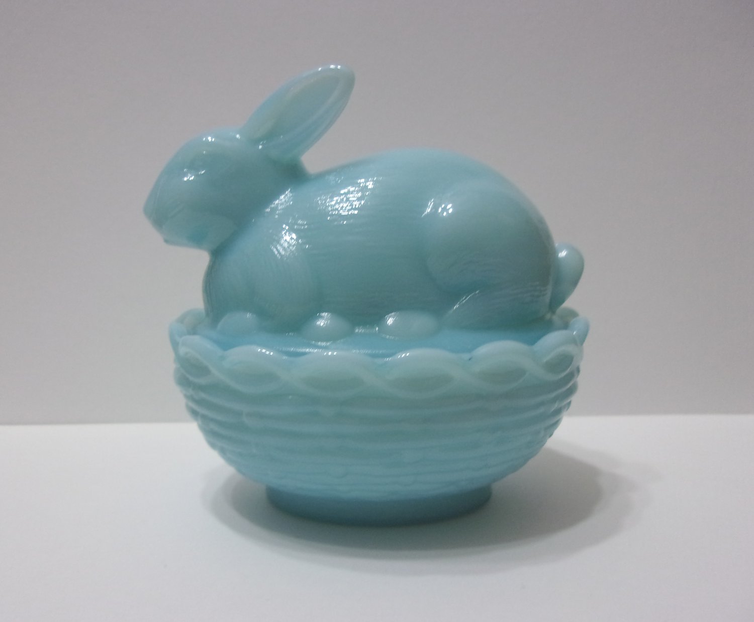 Mosser Glass Baby Blue Easter Bunny Rabbit on Basket Nest Candy Dish Box