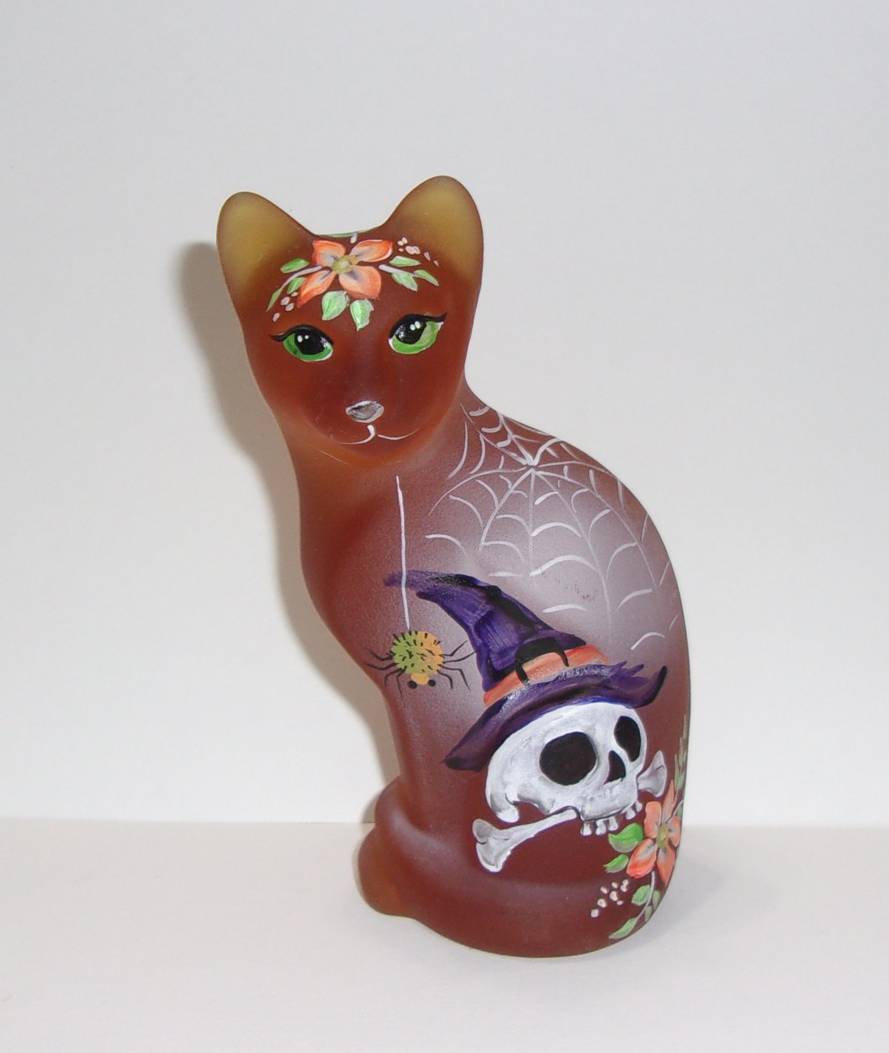 Fenton Glass Amber Halloween Skully Skeleton Stylized Cat Figurine Ltd ...