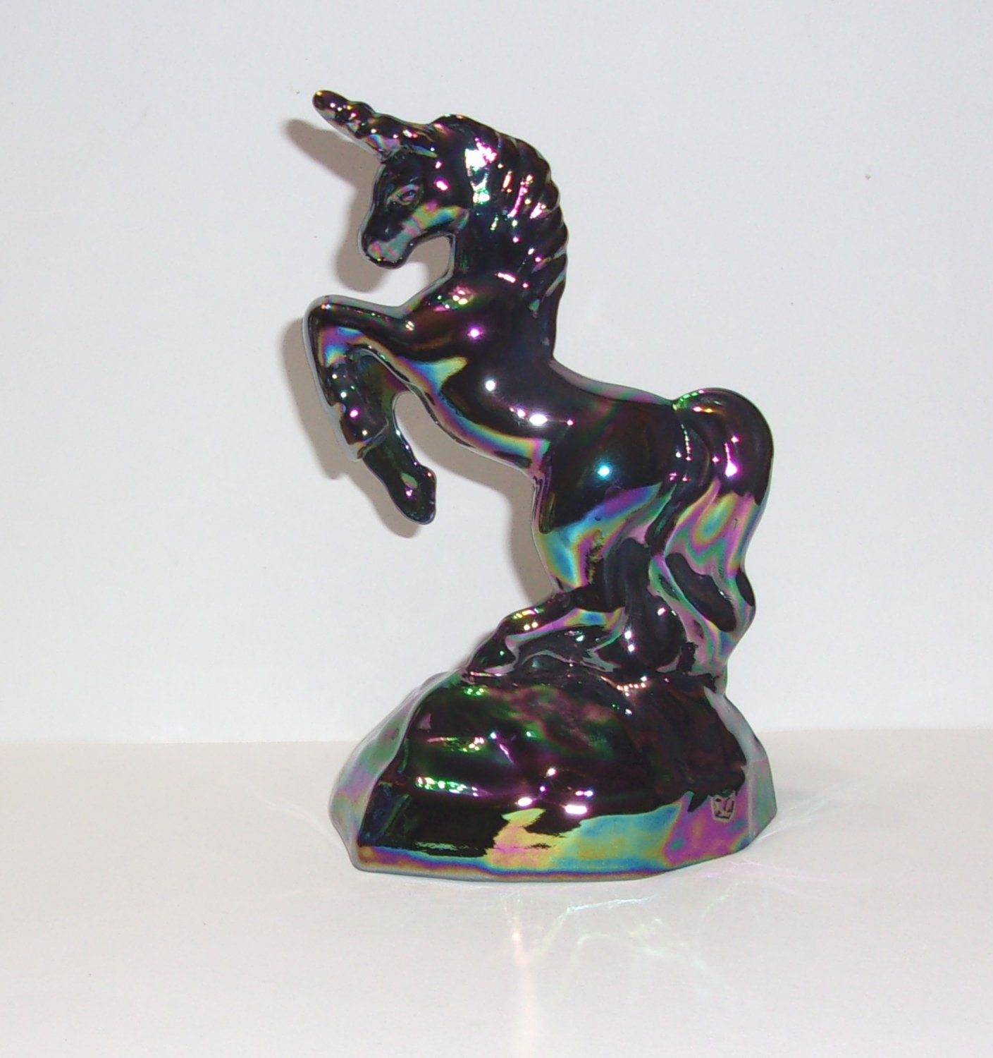 Mosser Glass Black Carnival Iridized Unicorn Figurine Former Fenton Mold
