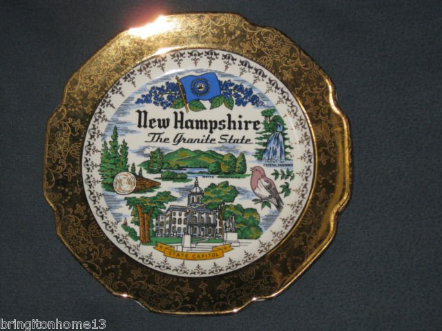 VINTAGE NEW HAMPSHIRE STATE SOUVENIR COLLECTOR PLATE CREST O GOLD 22K ...