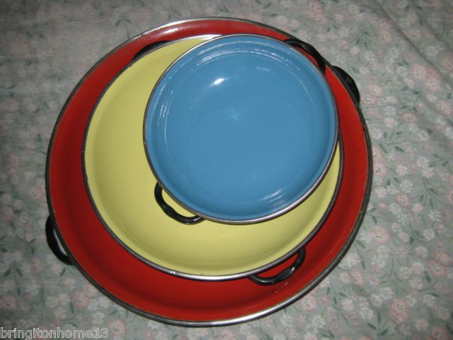 SET OF 3 Vintage Mid Century Shallow Enamelware Pans RED YELLOW BLUE ...