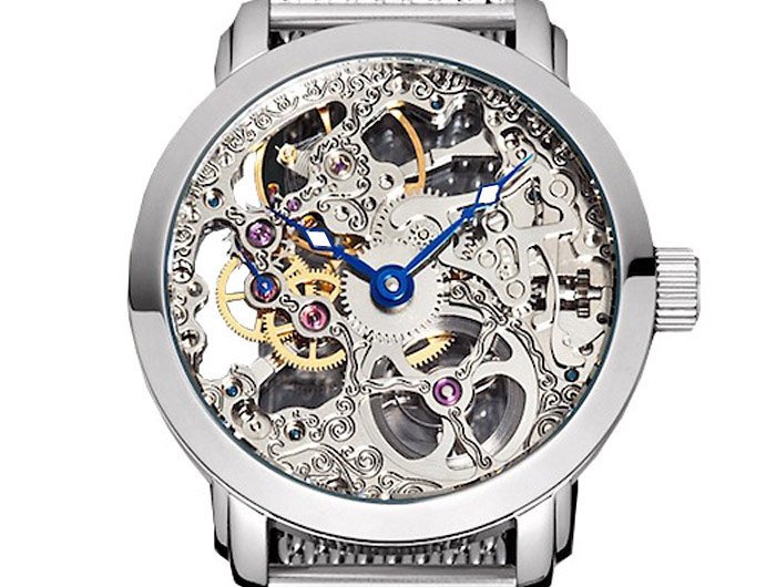 Steampunk skeleton Mechanical Watch Genuine leather Watch with a full ...