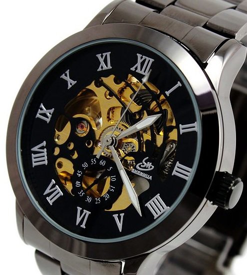Steampunk skeleton Mechanical Watch Genuine leather Watch with a full ...