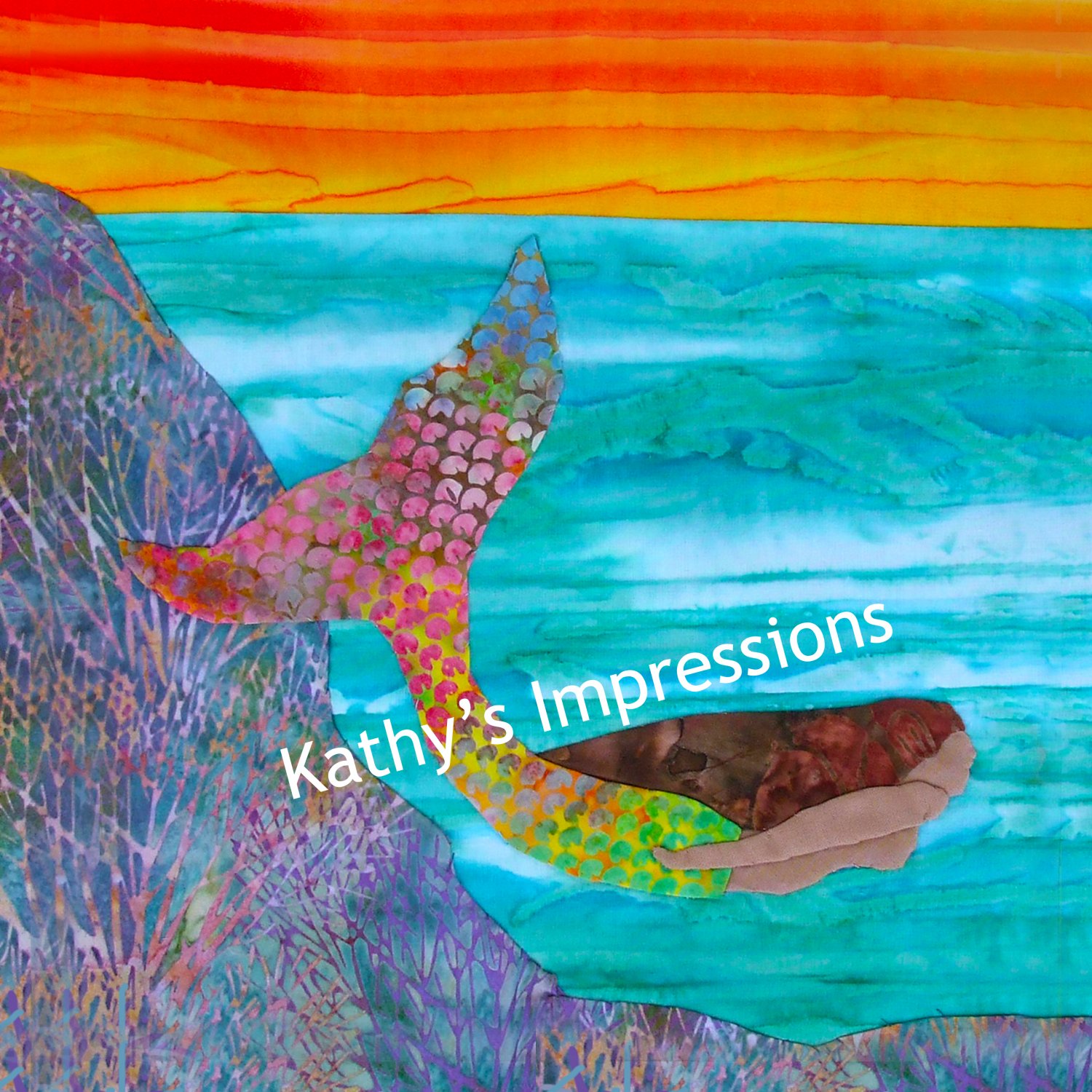 MERMAID Swimming in Ocean Sunset~12.5" Batik Fabric Quilt Panel Block ...