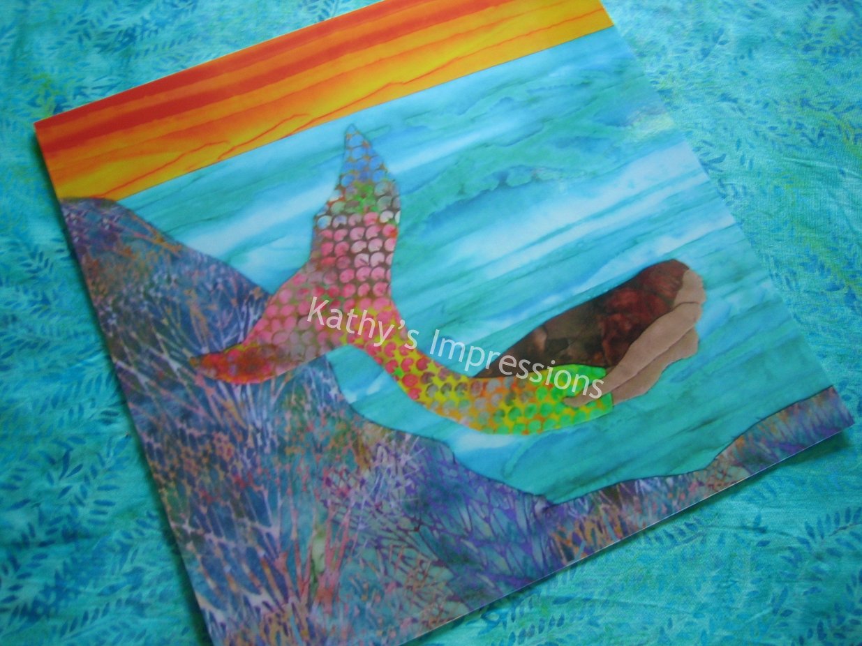 10x10 Stunning Batik MERMAID Swimming in Aqua Ocean Purple Coral Reef ...
