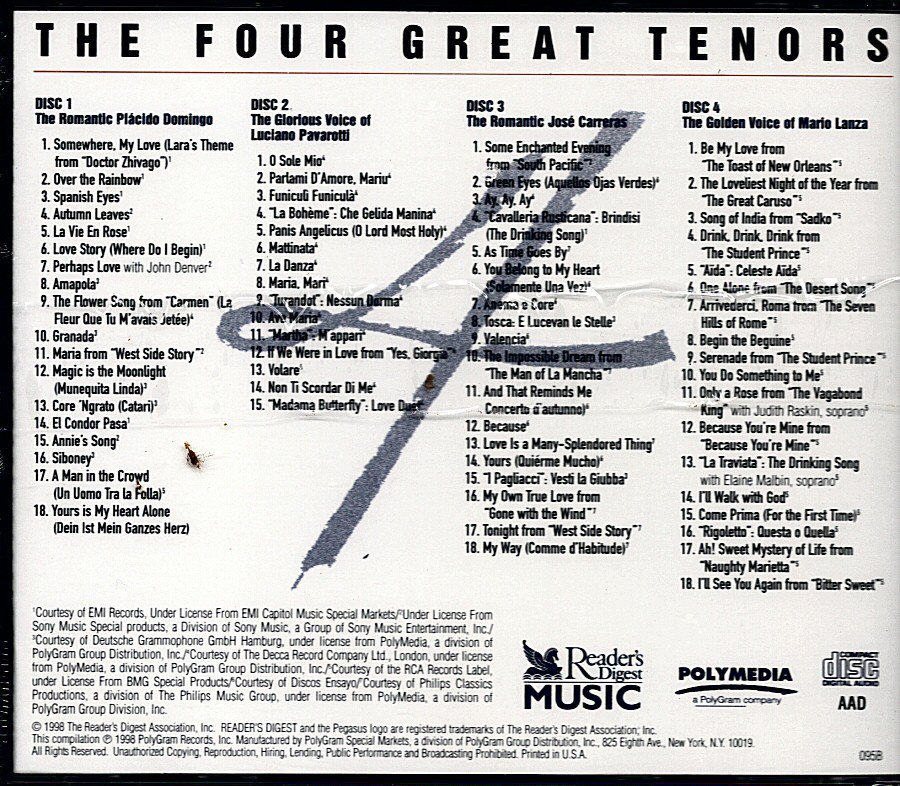 THE FOUR GREAT TENORS (4 CD) Reader's Digest Music - Pavarotti Lanza ...