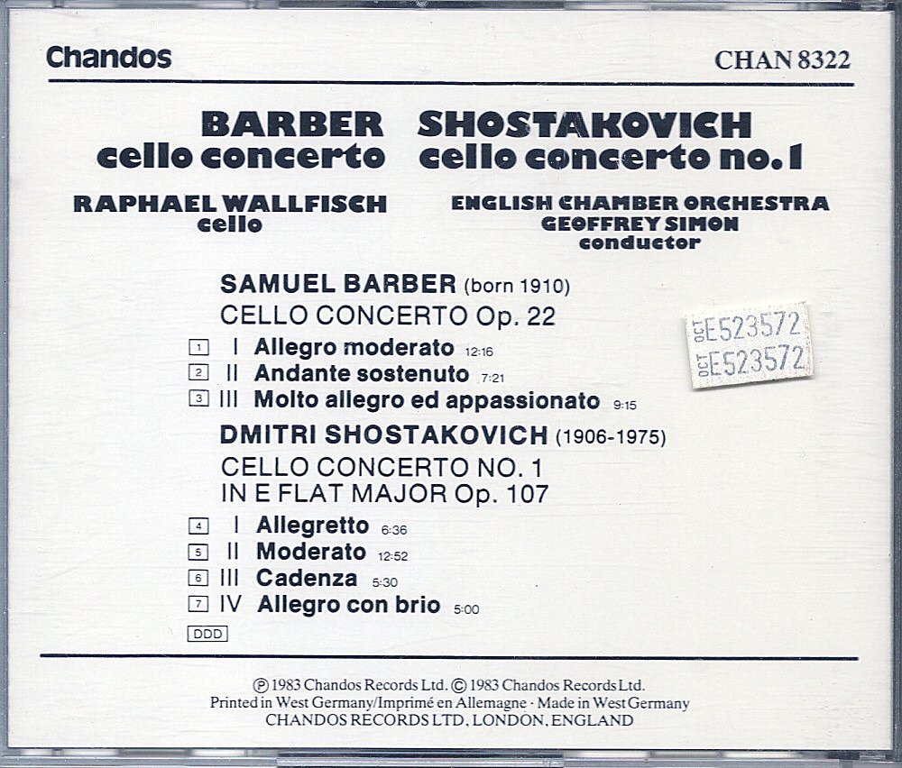 Barber: Cello Concerto & Shostakovich: Cello Concerto No. 1 Raphael Wallfisch Chamber Orchestra