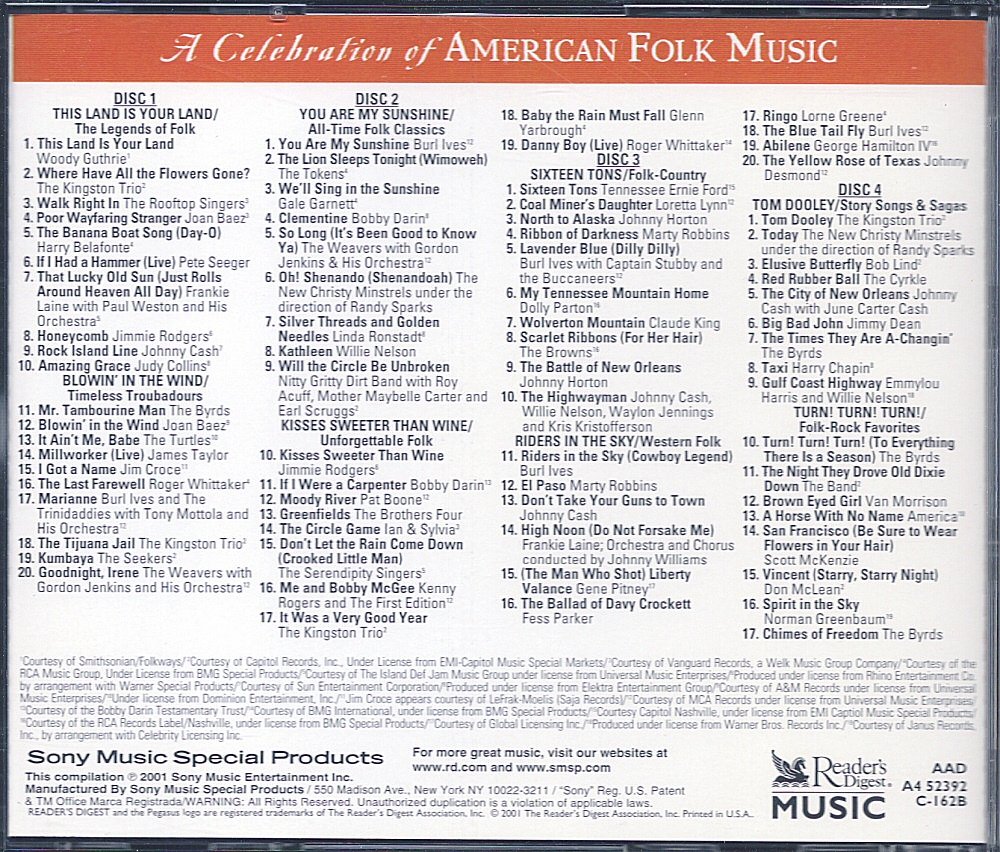 A Celebration of American Folk Music (4 CD) Reader's Digest Box Set ...