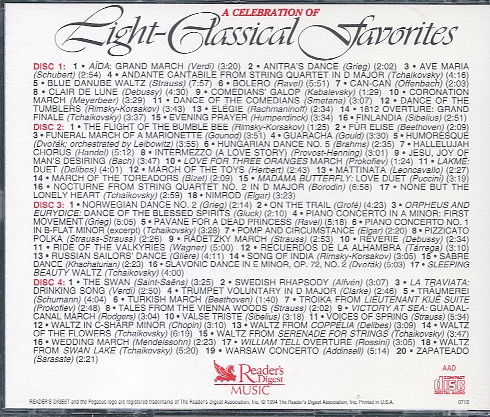 A Celebration of Light Classical Favorites (4 CD) Reader's Digest Box Set