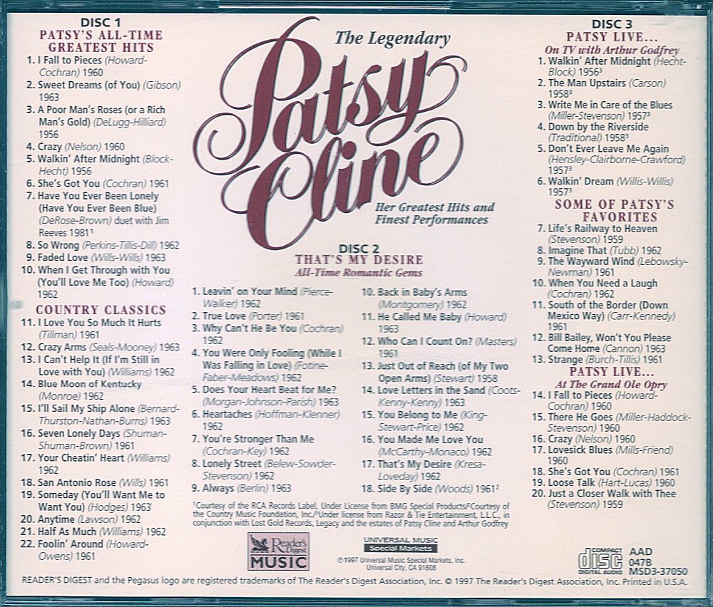 The Legendary Patsy Cline (3 CD) Reader’s Digest - Her Greatest Hits ...