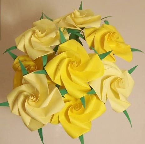 Handmade Origami Rose Paper Folded Flower Craft Gift Yellow Short Stems