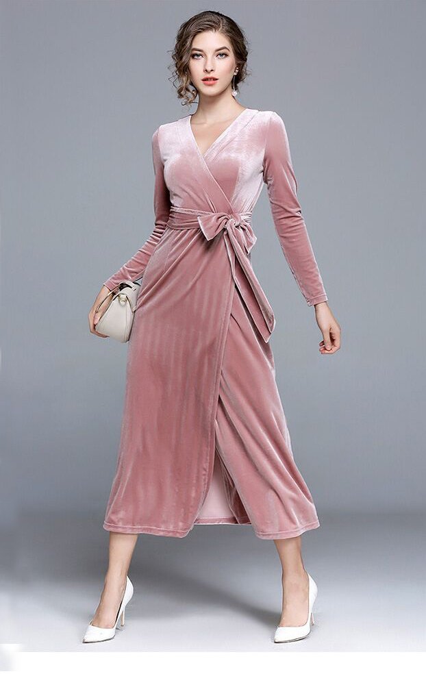Sexy Pink Sheath Tea Length Prom Dress with Slit