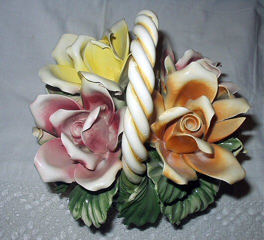 Beautiful Capodimonte Roses In Basket Display-Heavy Porcelain Made In Italy