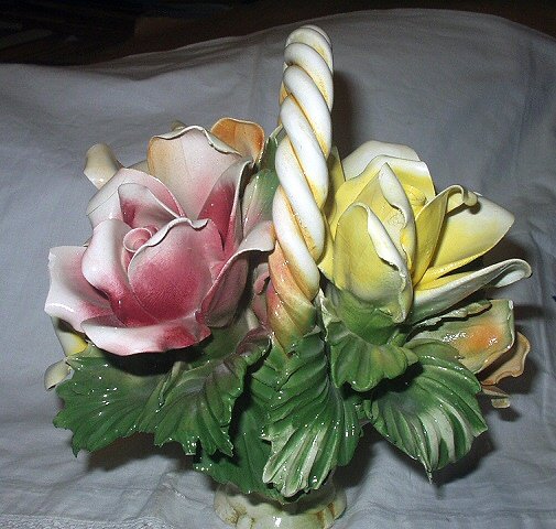 Beautiful Capodimonte Roses In Basket Display-Heavy Porcelain Made In Italy