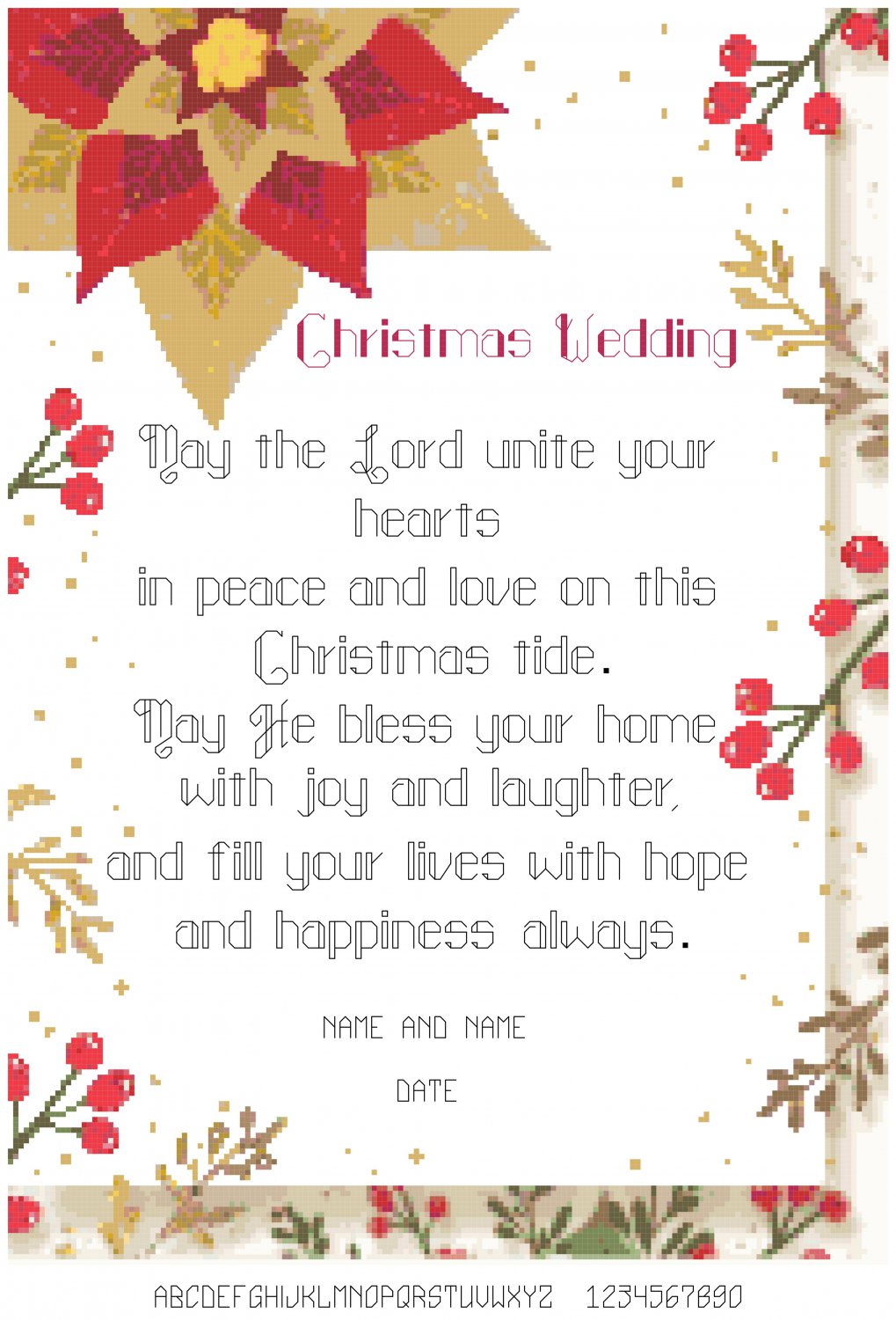 Winter Poinsettia and Holly Berries Wedding Sampler Pattern Chart Graph