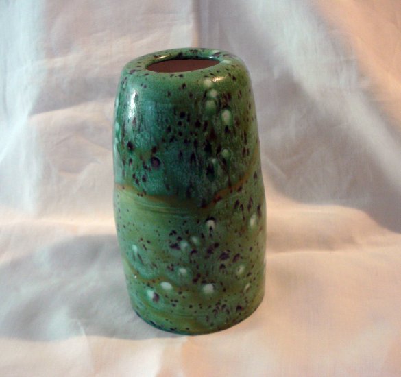 Retro wheel thrown bullet shaped pottery vase mottled green glaze ...