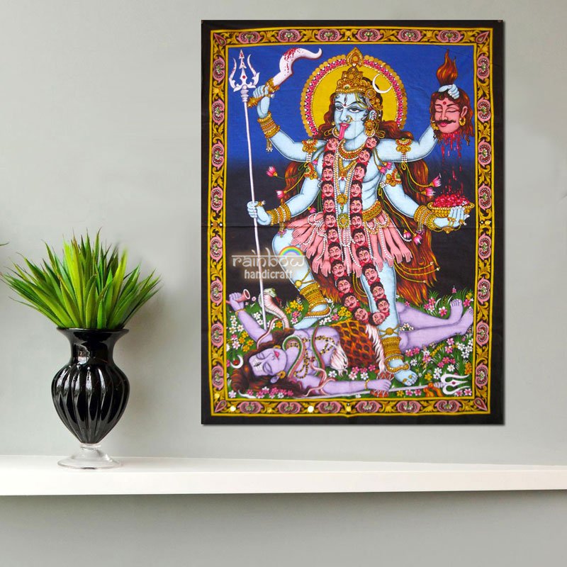 hindu death goddess kali shiva sequin cotton wall hanging tapestry ...