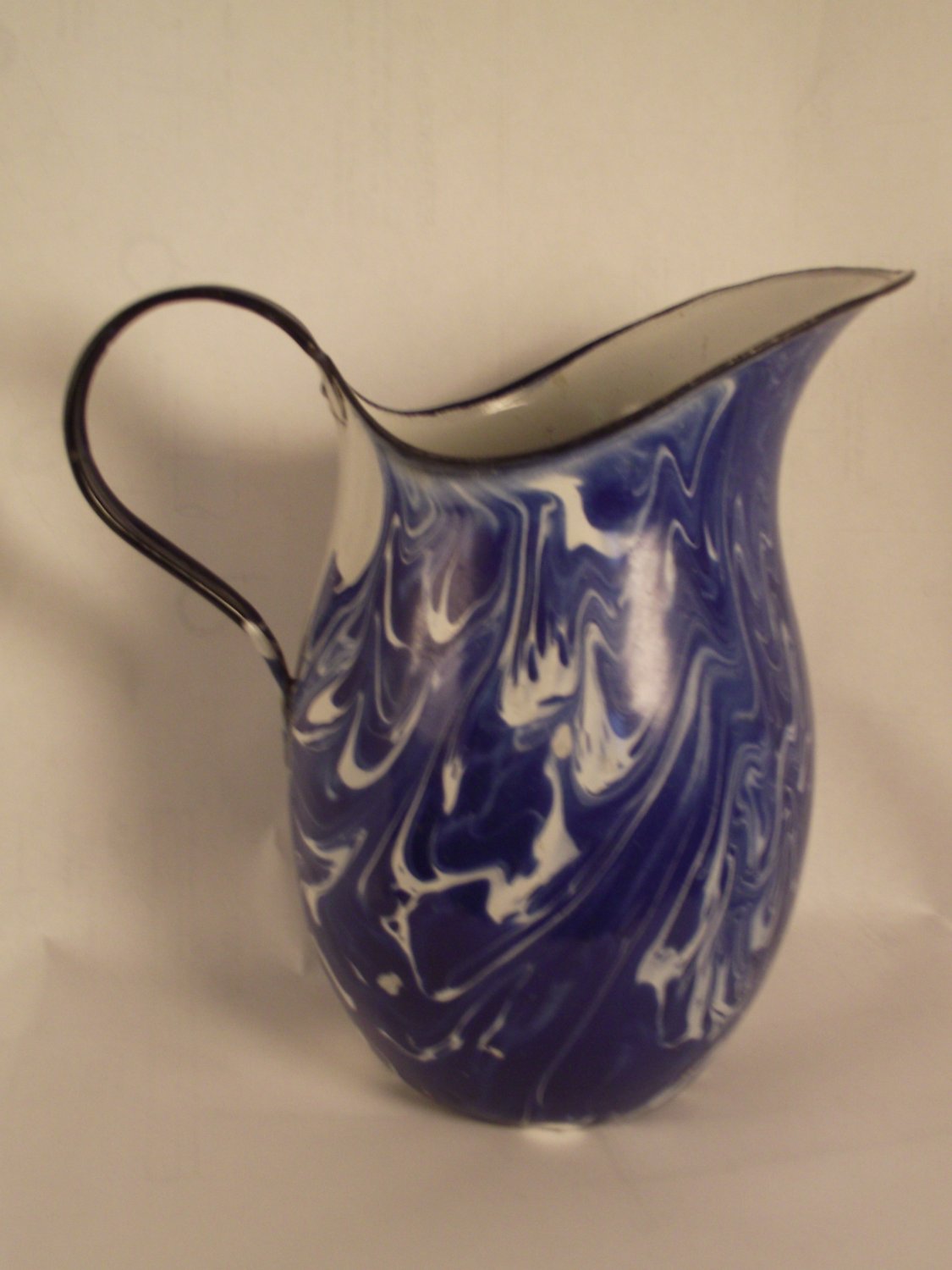 Vintage Graniteware Pitcher Dark Blue Swirl Enamelware