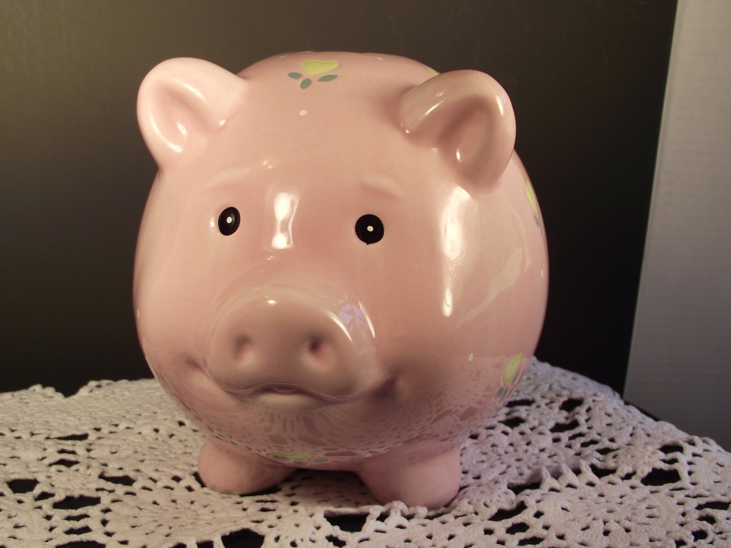 Large Pink Piggy Bank Pig Collectibles Girly Yellow Heart Flowers 6-12 ...