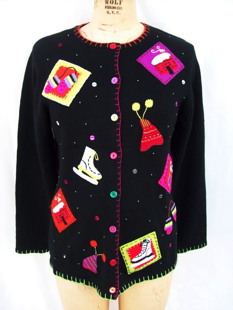 Quacker Factory patch winter fun cardigan sweater size S