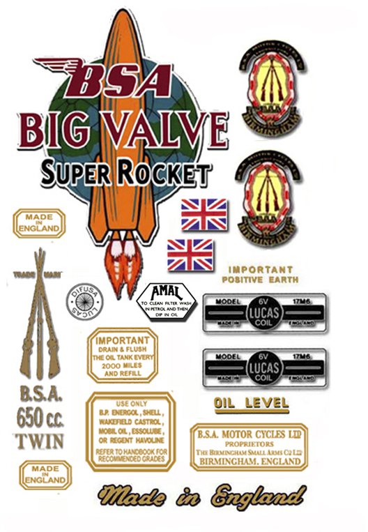 1958-63: BSA Big Valve Super Rocket Decals - A10 Super Rocket Decal set
