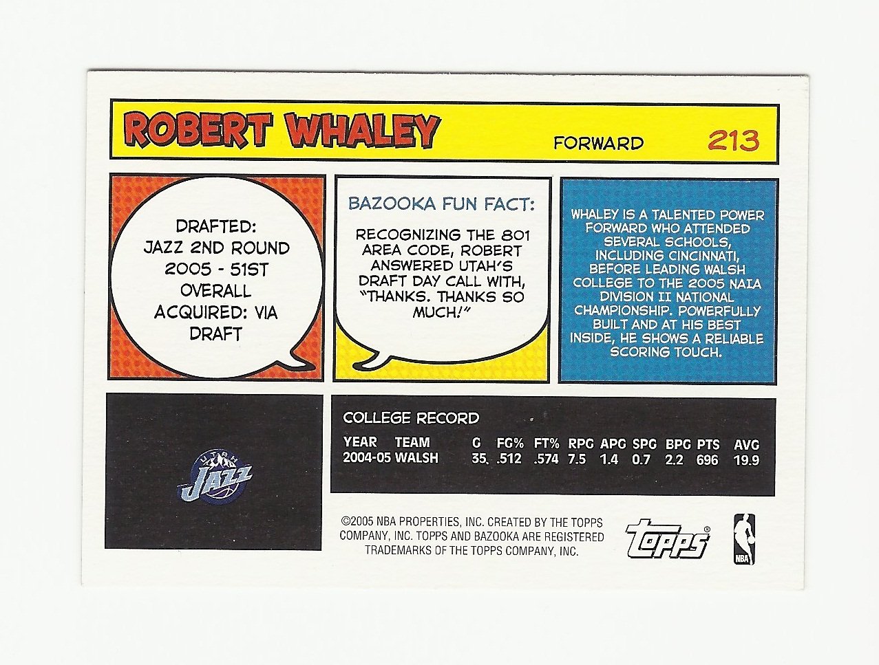 Robert Whaley 2005-06 Bazooka Mini Rookie Card #213 Utah Jazz