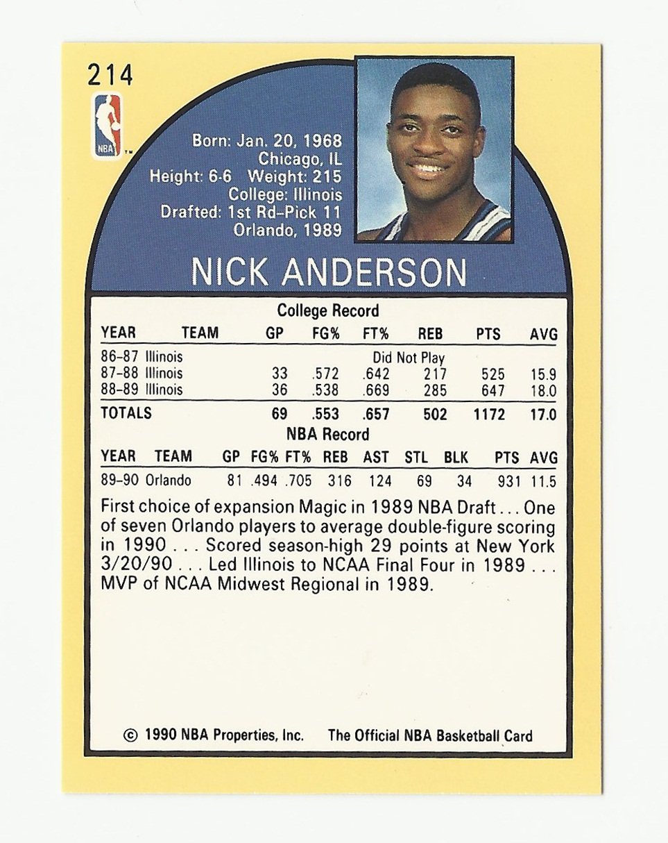 Nick Anderson 1989-90 NBA Hoops Rookie Card #214 Orlando Magic