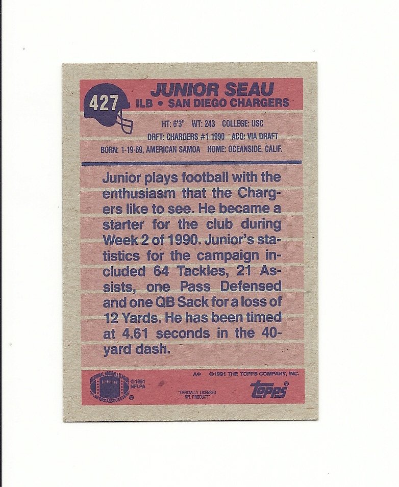 Junior Seau 1991 Topps Card #427 San Diego Chargers
