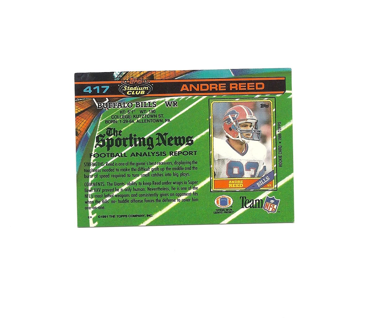 Andre Reed 1991 Stadium Club Card #417 Buffalo Bills