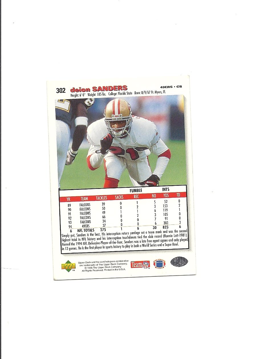 Deion Sanders 1995 Collector's Choice Silver #302 San Francisco 49ers ...