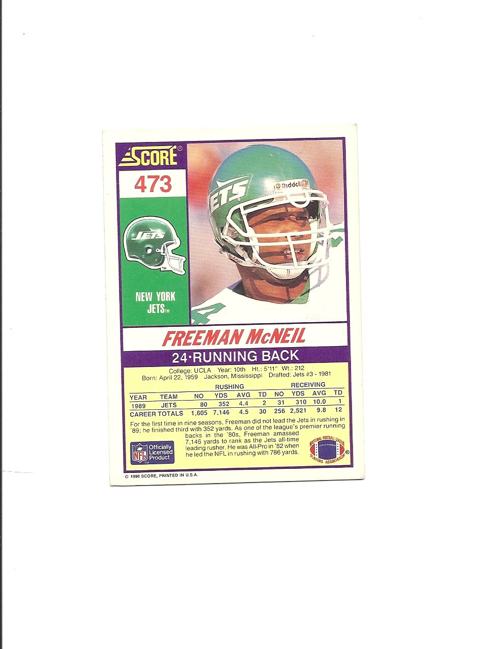 Freeman McNeil 1990 Score Card #473 New York Jets